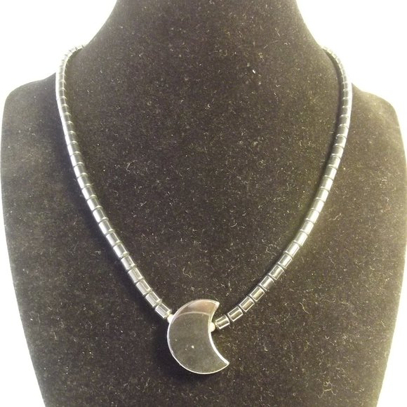 Jewelry | Hematite Crescent Moon Tubular Bead Necklace Beaded Pendant ...